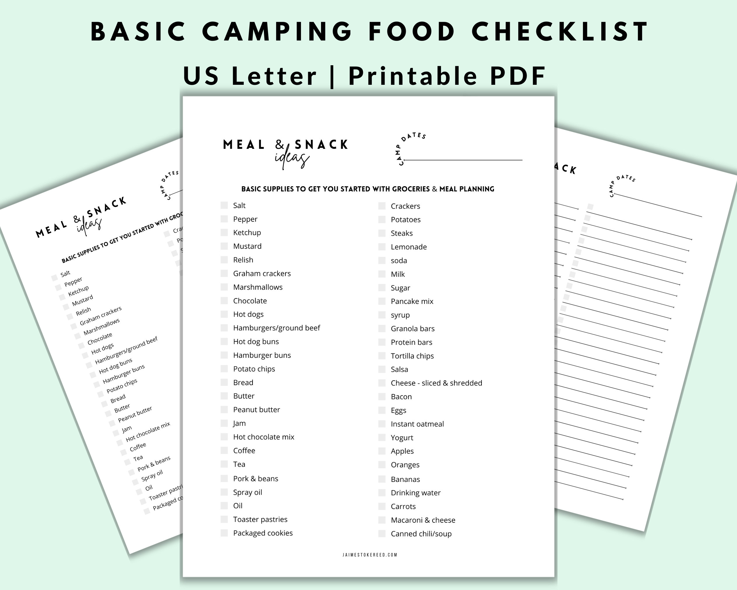 Printable Camping Basics Food Checklist for Glamping | Digital Shopping ...