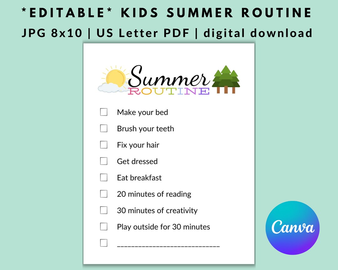 Editable Summer Routine Printable | Canva Template | Kids Chores ...