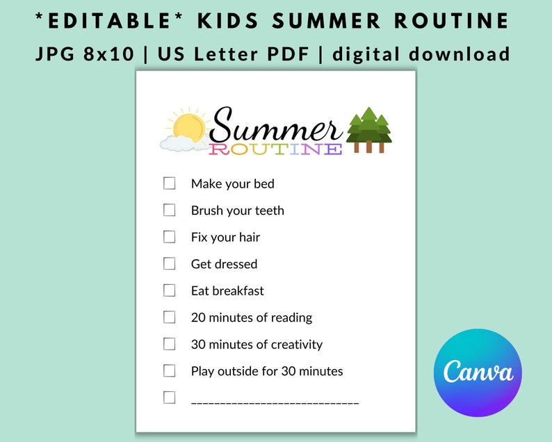 Editable Summer Routine Printable | Canva Template | Kids Chores ...