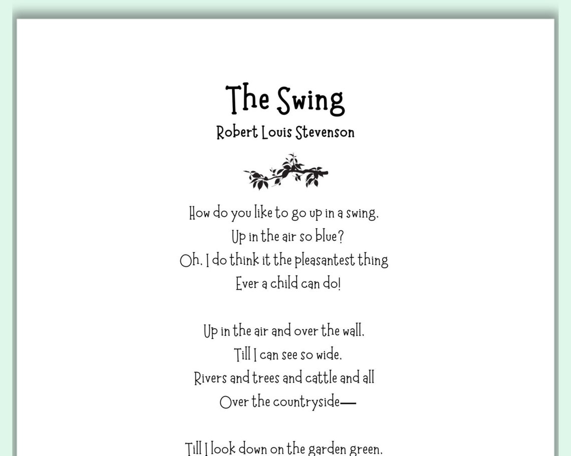 The Swing Poem Print by Robert Louis Stevenson | Digital Download ...