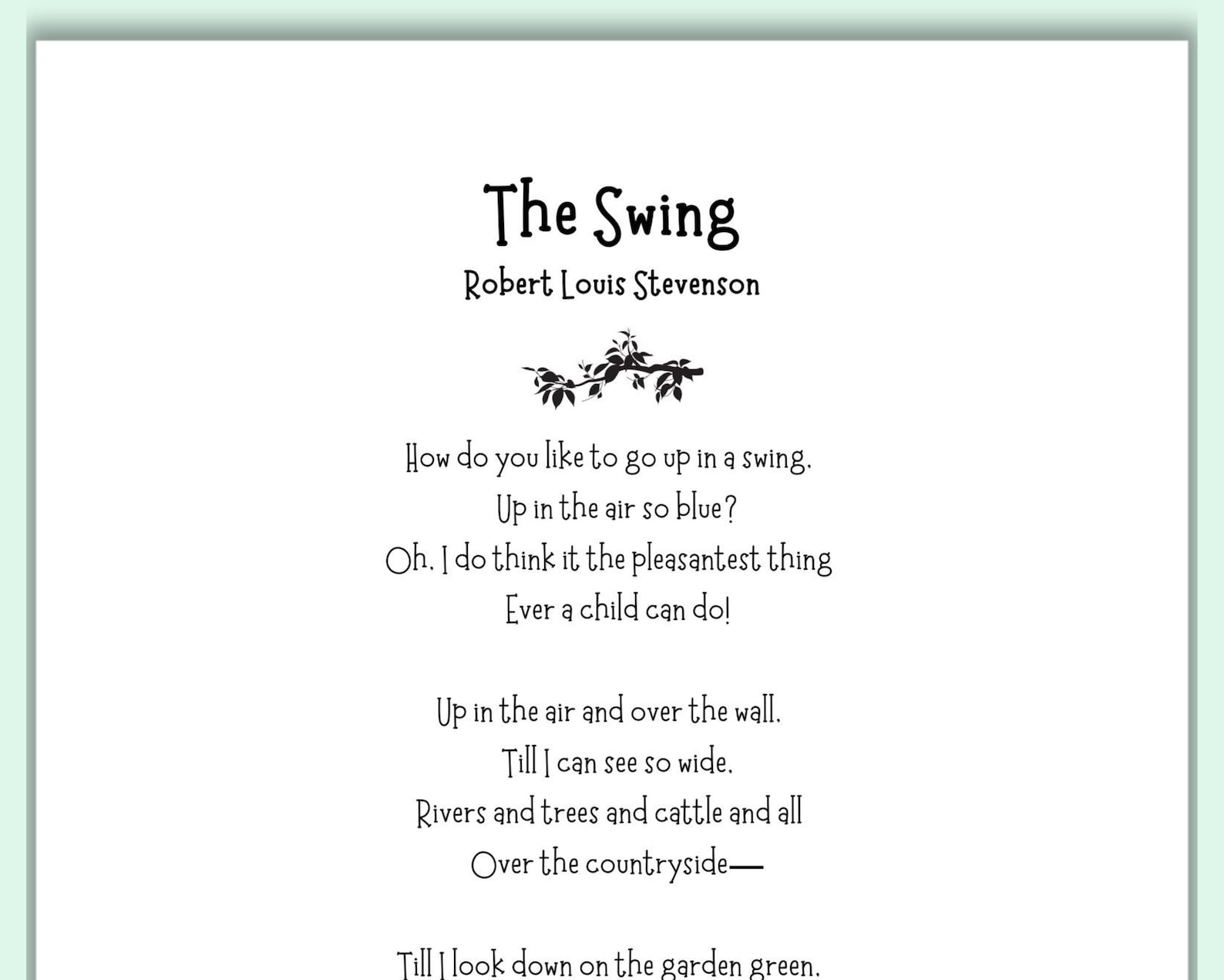 The Swing Poem Print by Robert Louis Stevenson | Digital Download ...