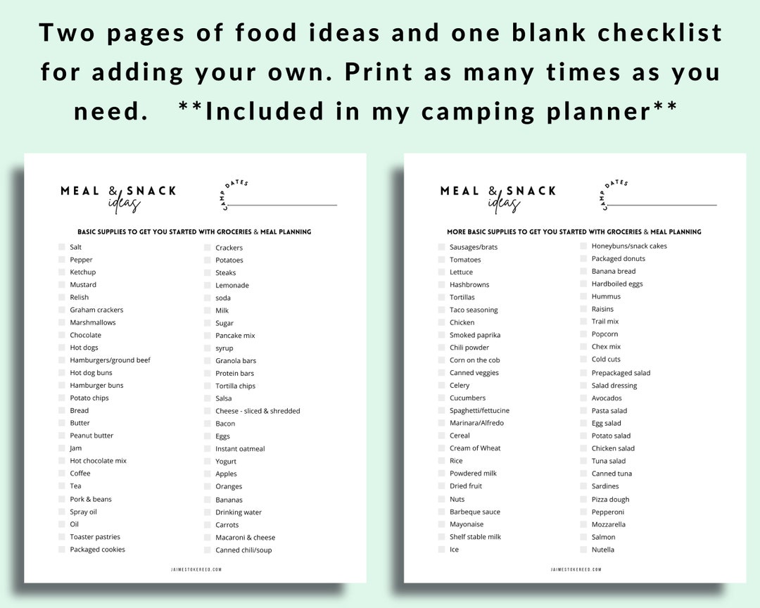 Printable Camping Basics Food Checklist for Glamping | Digital Shopping ...