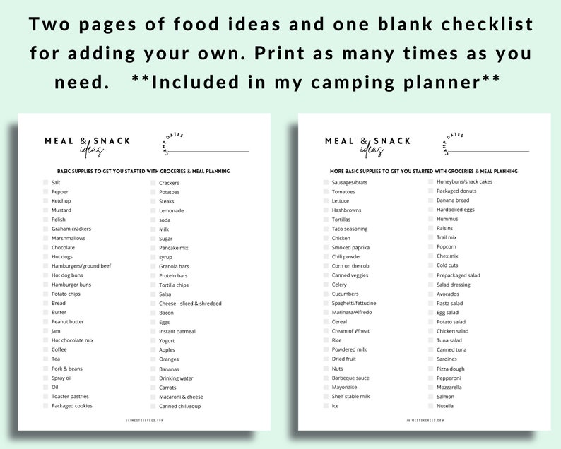 Printable Camping Basics Food Checklist for Glamping | Digital Shopping ...