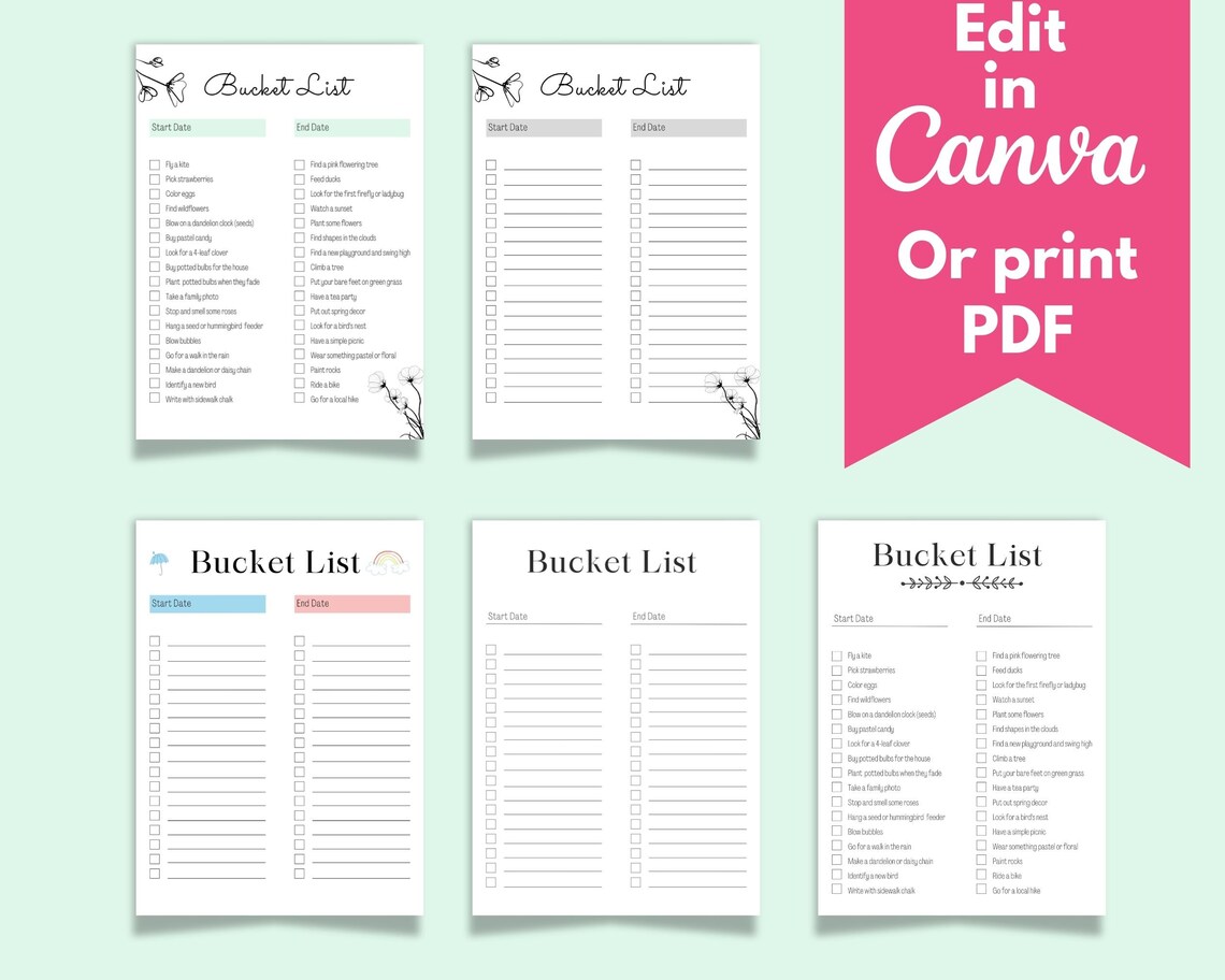 Bucket List Template *editable* Printable | Canva | Blank and Filled ...