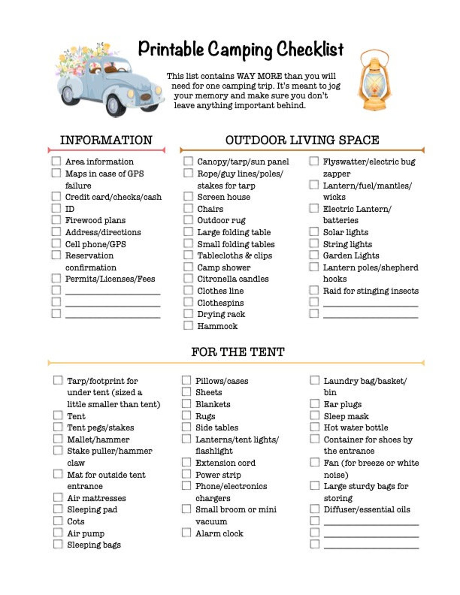 Printable Camping Checklist Planner | Five Pages | Tent Glamping ...