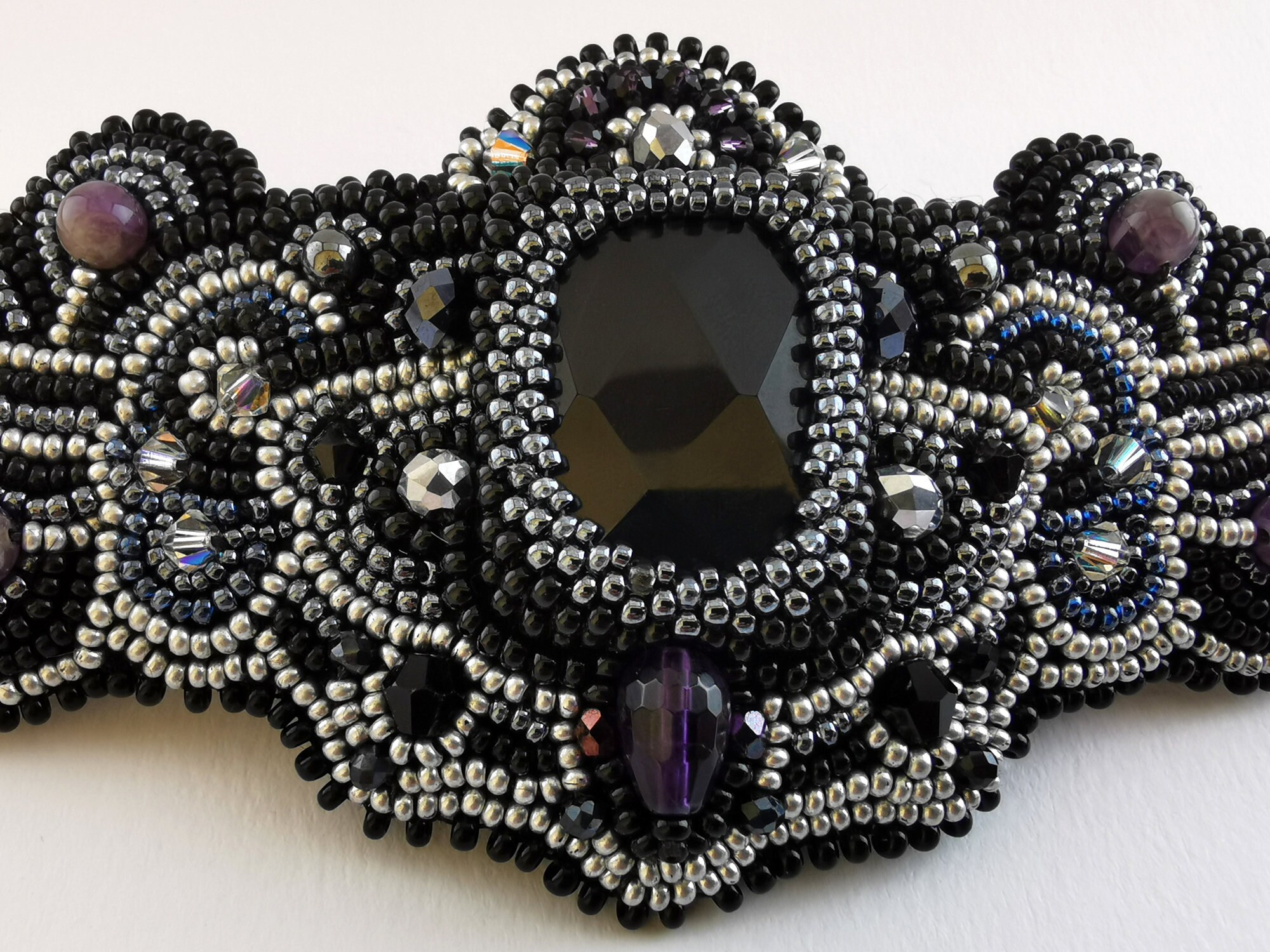 Black Beaded Cuff Bracelet. Bead Embroidered Cuff. Luxury Wide Cuff ...