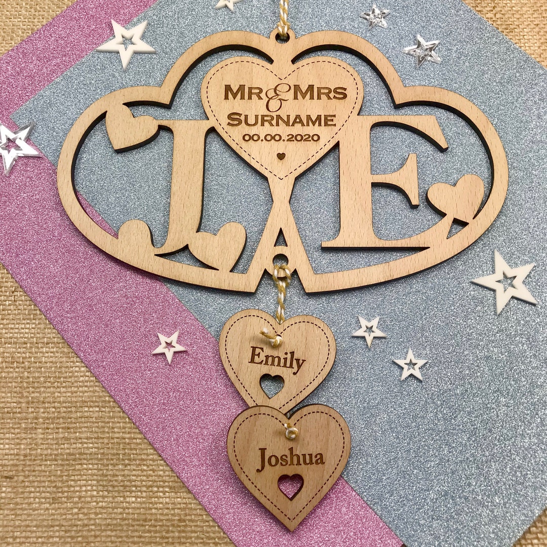 Wooden Personalised Wedding Entwined Hearts Couples Initials | Laser ...