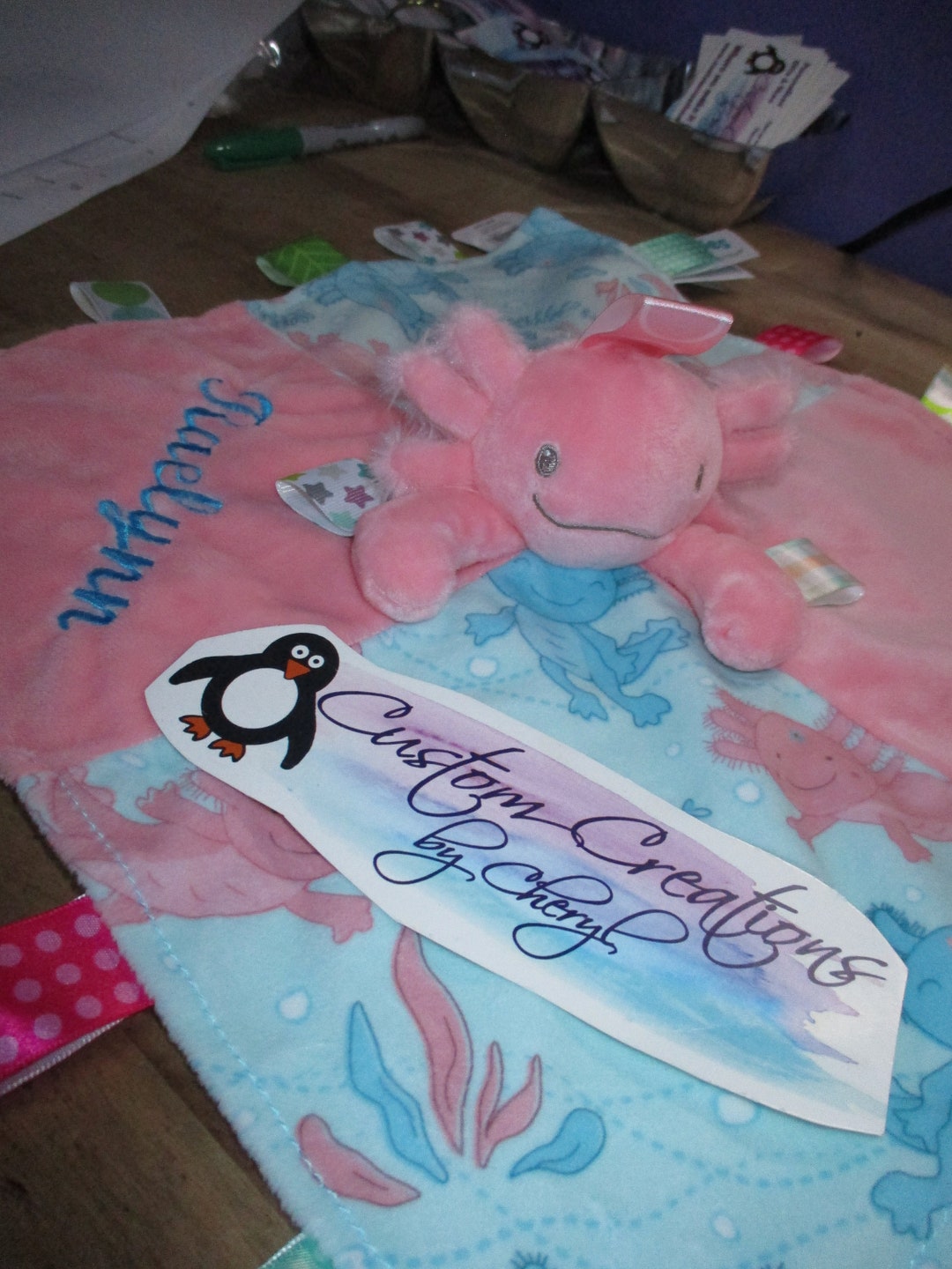 Custom Axolotl Pink Taggie Blanket, Personalized Security Blanket ...