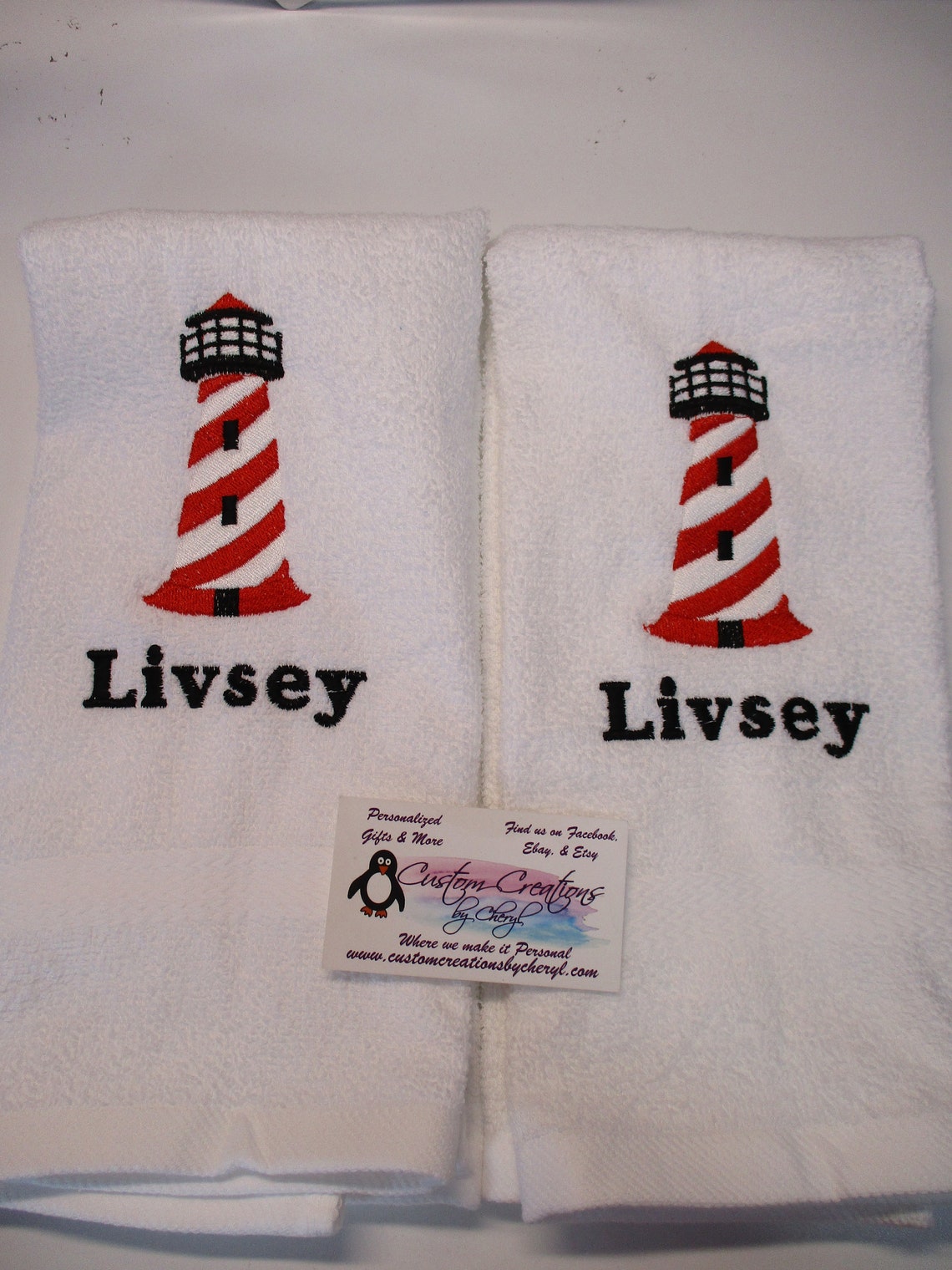 Custom Lighthouse Hand Towels, Slanted Striped Lighthouse Hand Towels ...