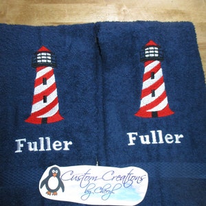 Custom Lighthouse Hand Towels, Slanted Striped Lighthouse Hand Towels ...