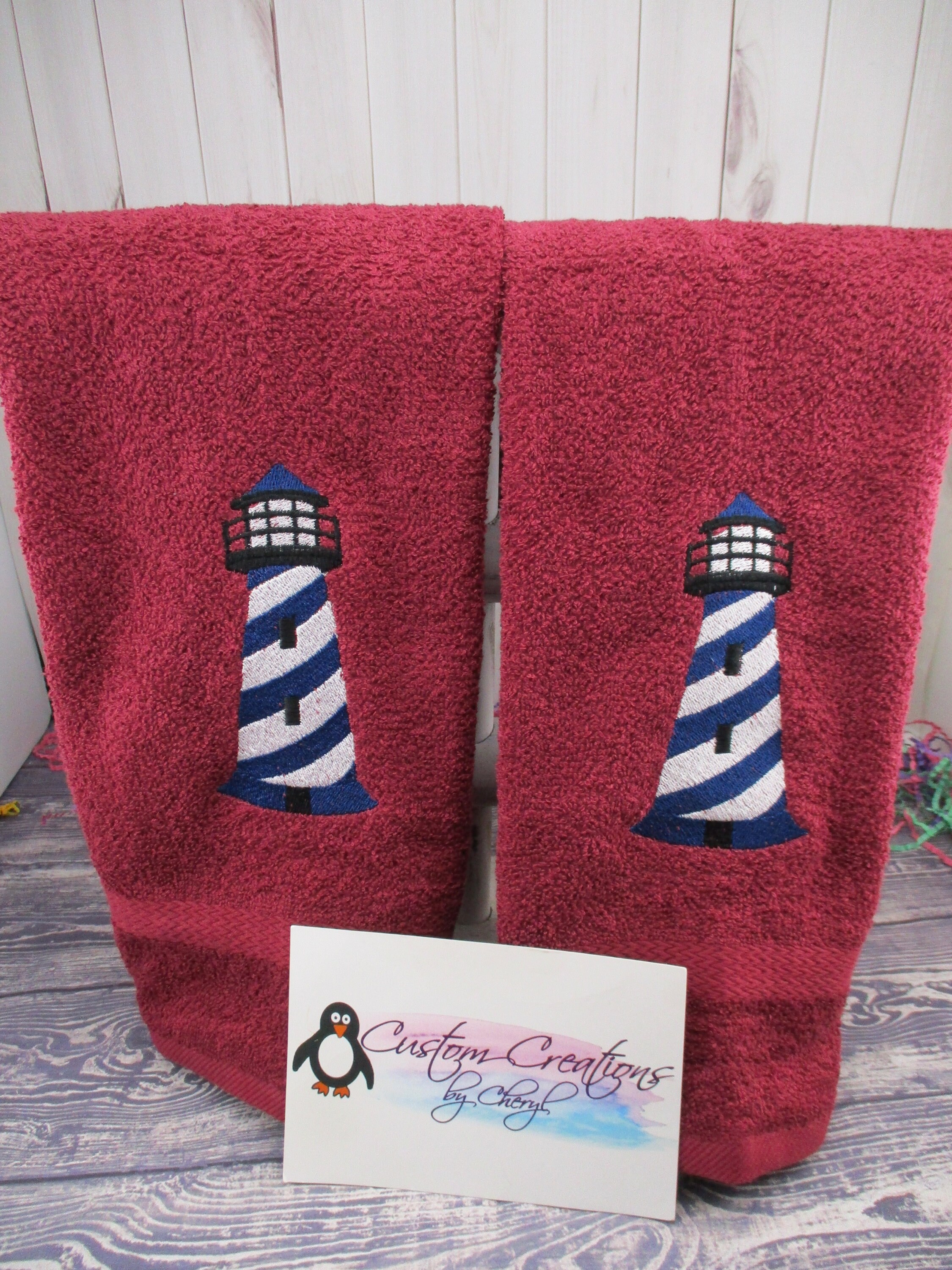 Custom Lighthouse Hand Towels, Slanted Striped Lighthouse Hand Towels ...