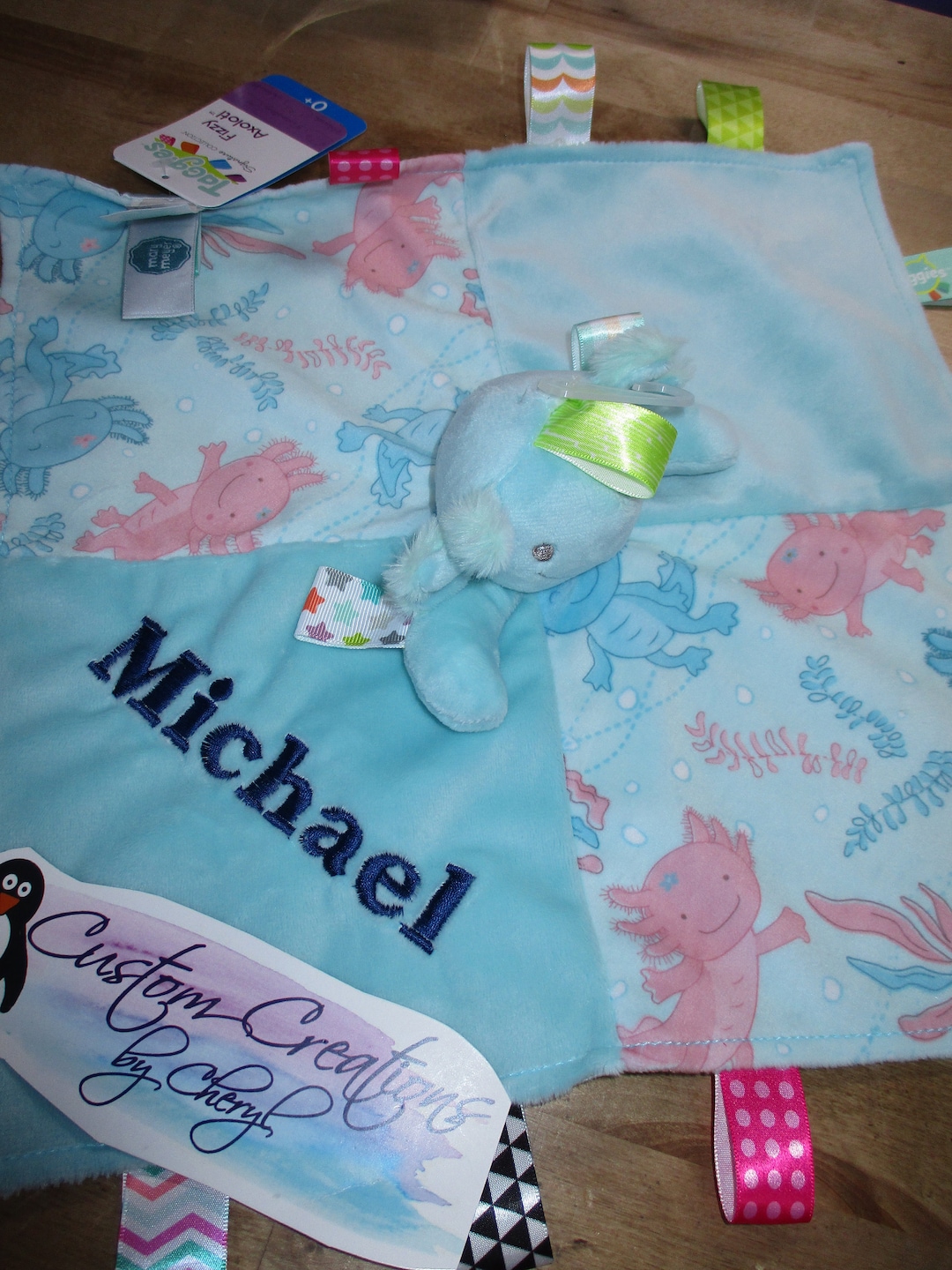 Custom Axolotl Blue Taggie Blanket, Personalized Security Blanket ...