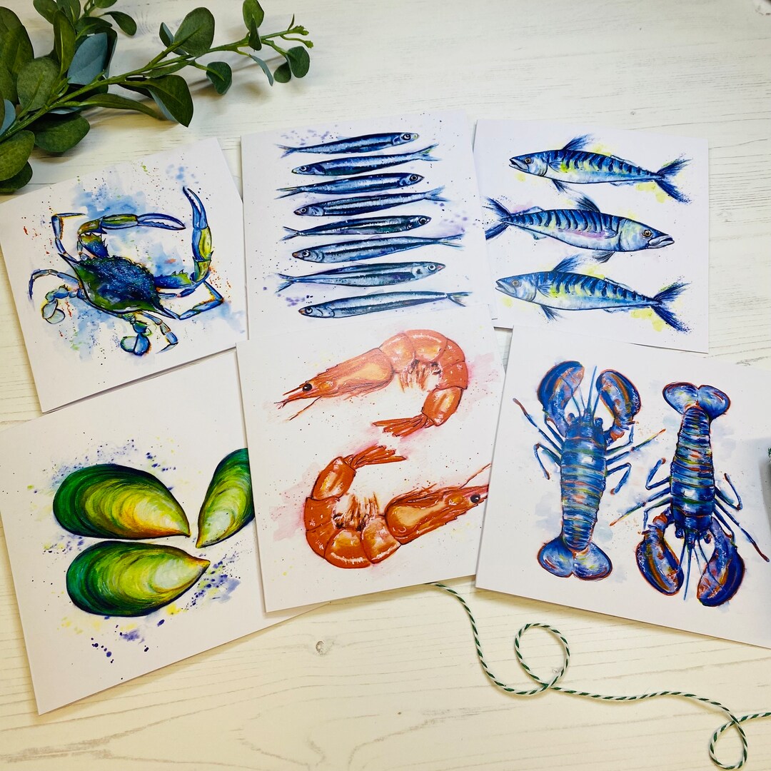 Ocean Fishy’s and Shellfish Card Collection - 6 Cards, Crab, Lobster ...
