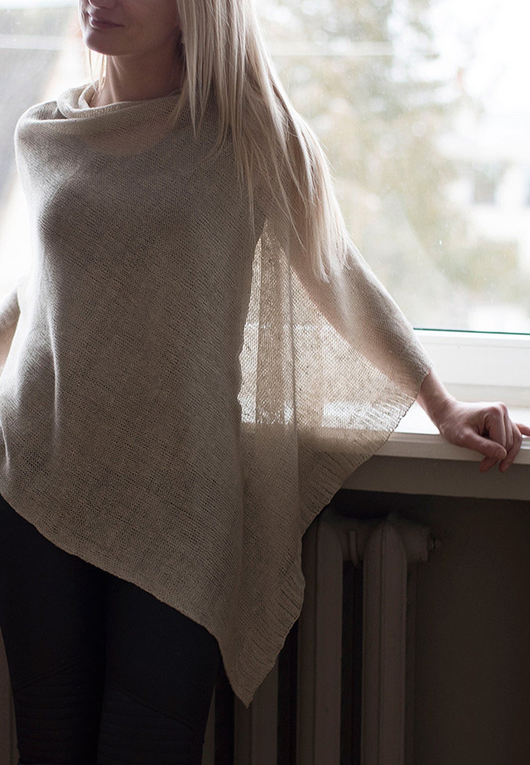 Summer Ponchos Women Pure Linen Camel Poncho Linen Grey Beige Knitted ...