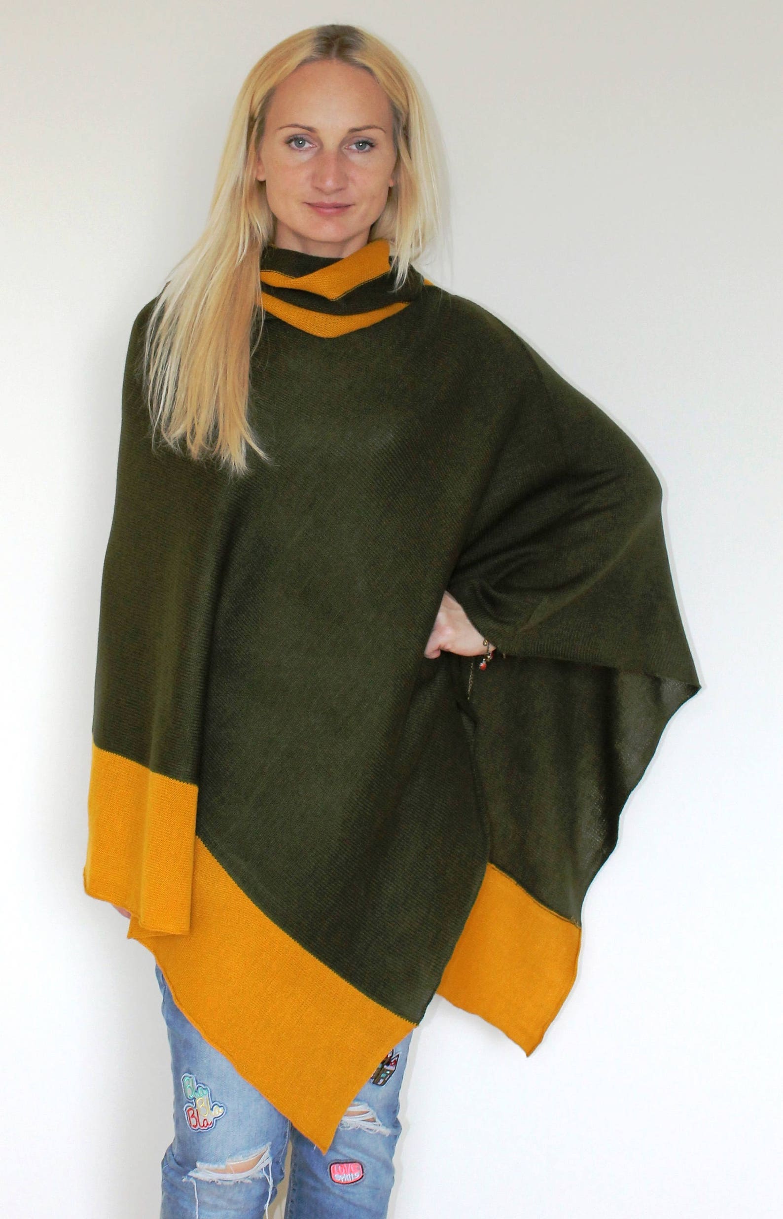 Green Poncho, Knit Poncho, Sweater Wrap, Wool Scarf, Women Sweater ...