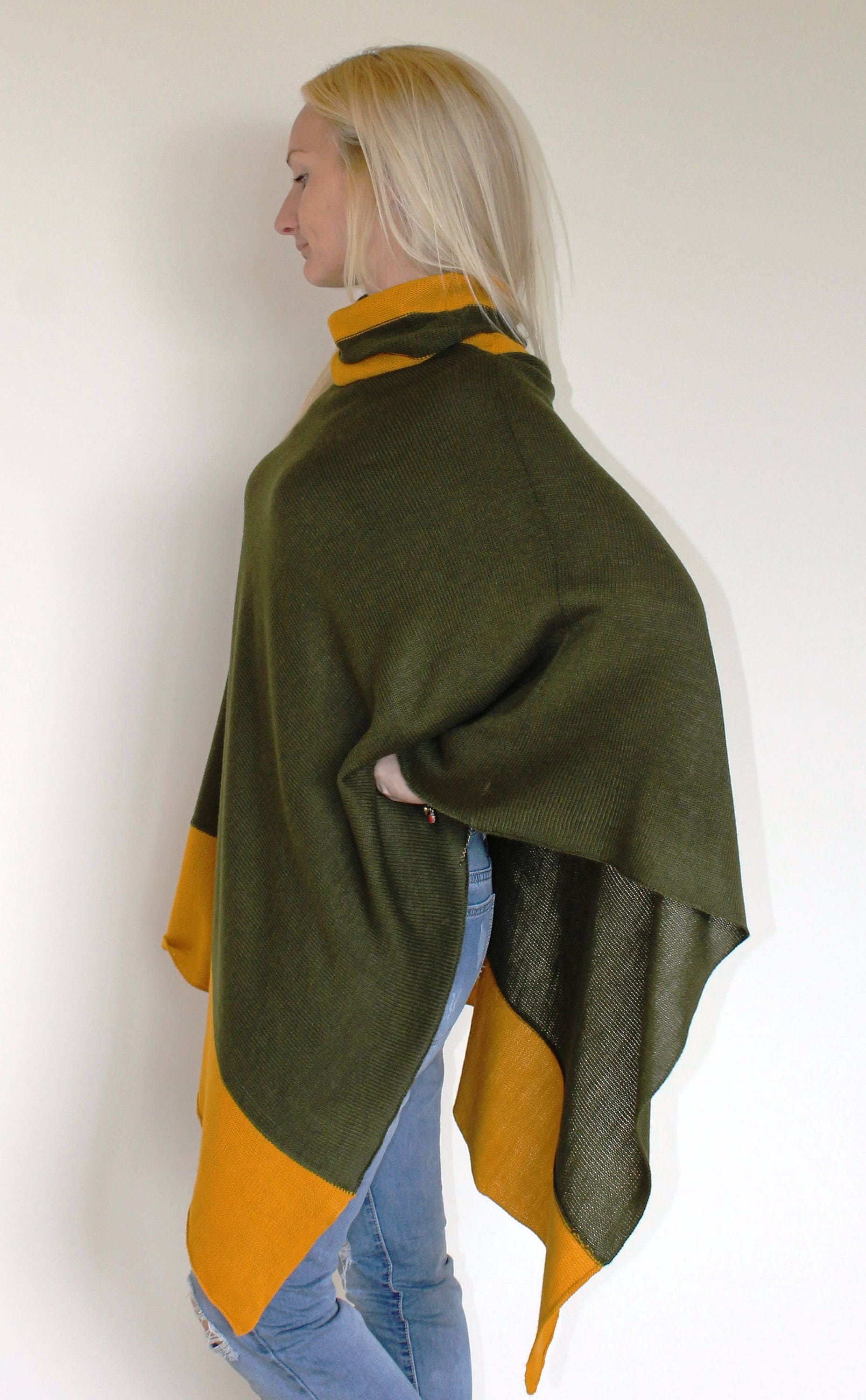 Green Poncho, Knit Poncho, Sweater Wrap, Wool Scarf, Women Sweater ...