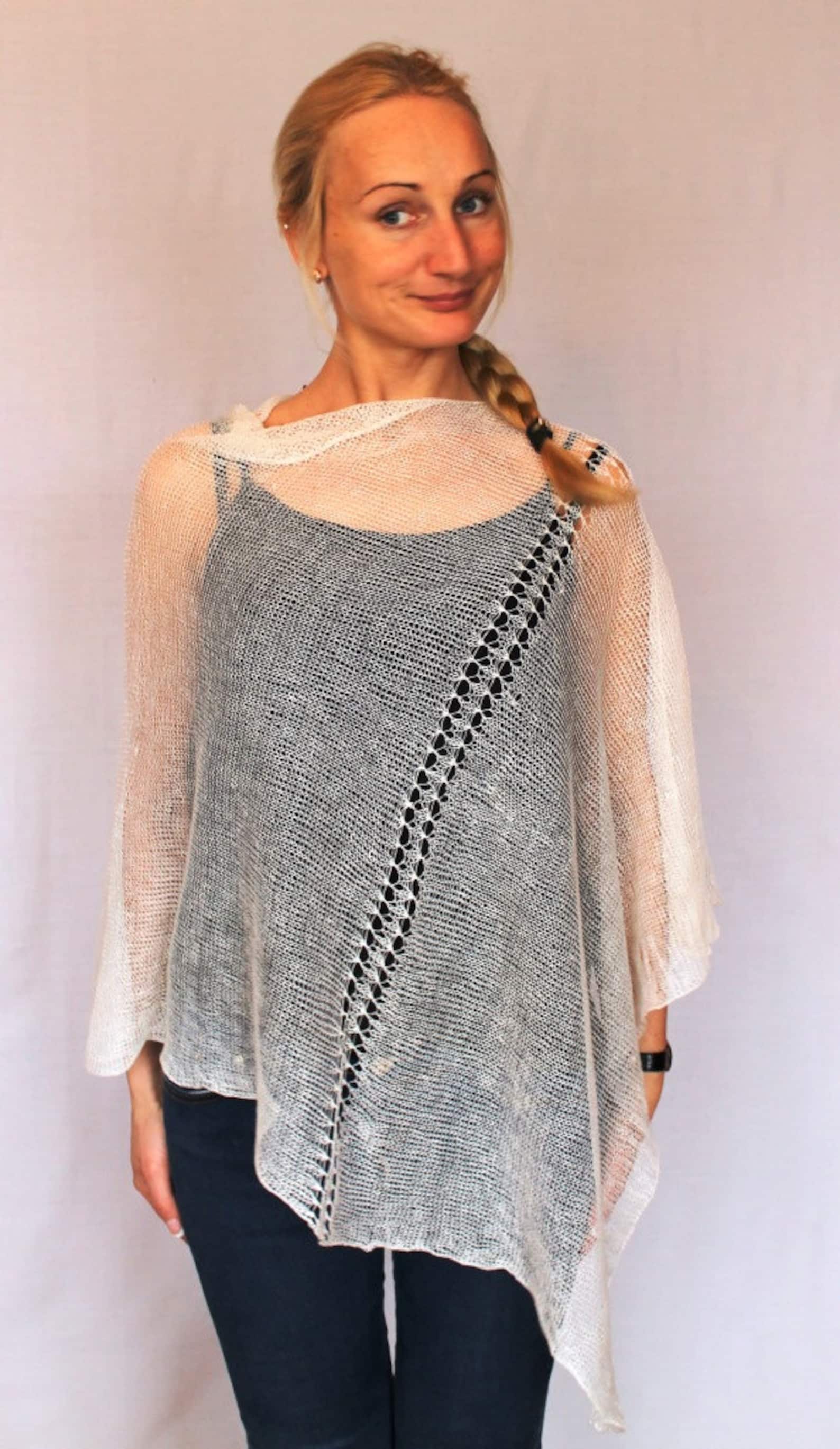 Summer Ponchos Women Pure Linen Poncho Linen White Knitted Scarf White ...