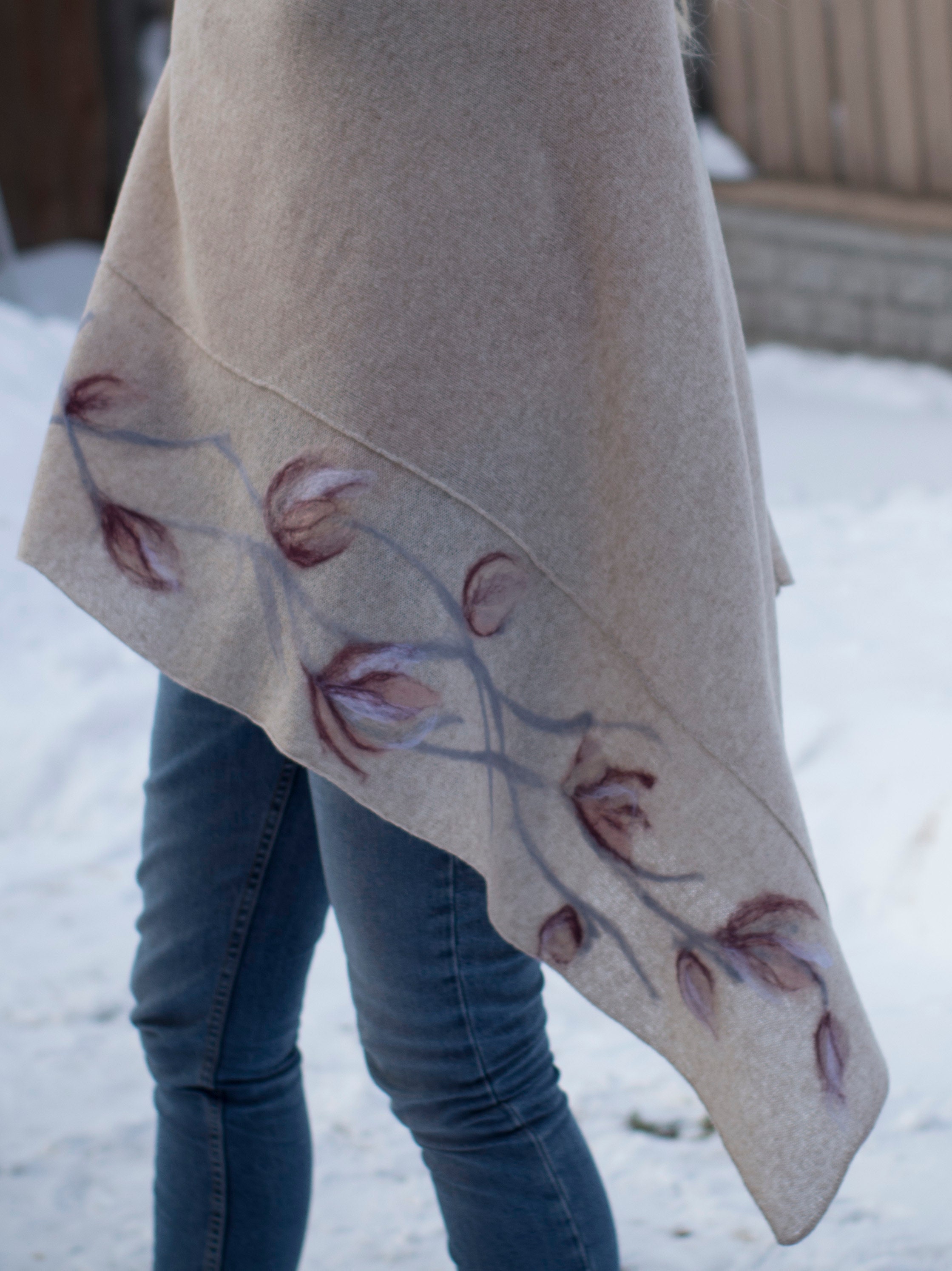 Light Brown Beige Poncho With Felt Flowers Wool Poncho Fine Wool Warm ...