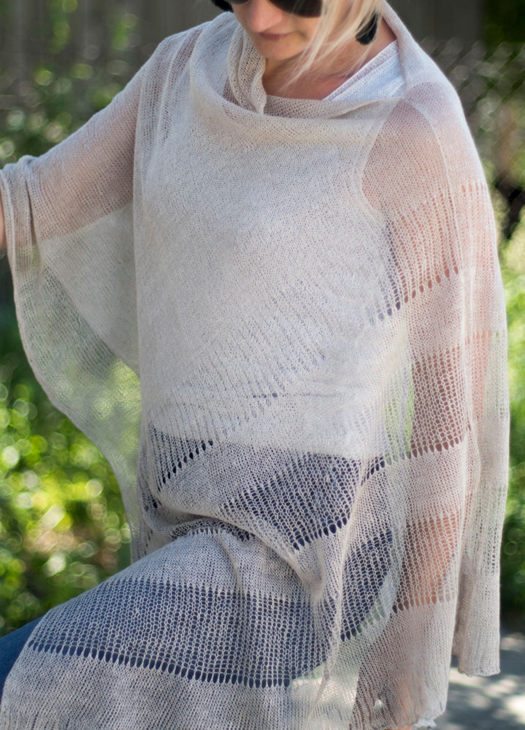 Summer Ponchos Women Pure Linen Poncho Linen Grey Knitted Scarf White ...