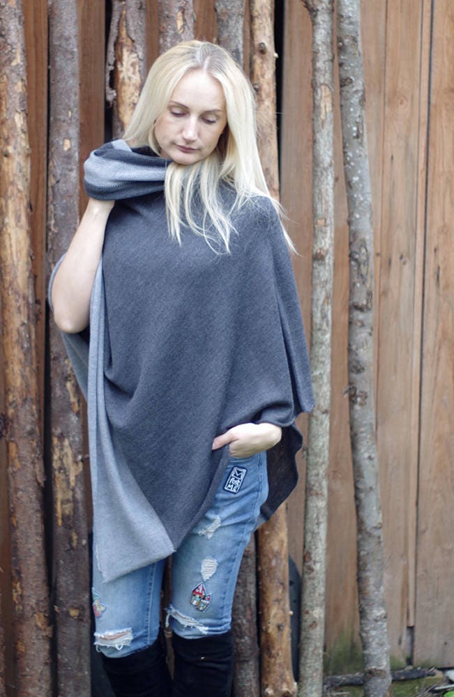 Women Poncho Gray Chunky Poncho Dark Gray Turtleneck Poncho Wool Cape ...