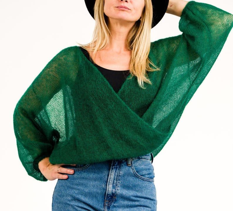 Dark Green Knitted Sweater Open Front Sweater Kidmohair Soft Knitted ...