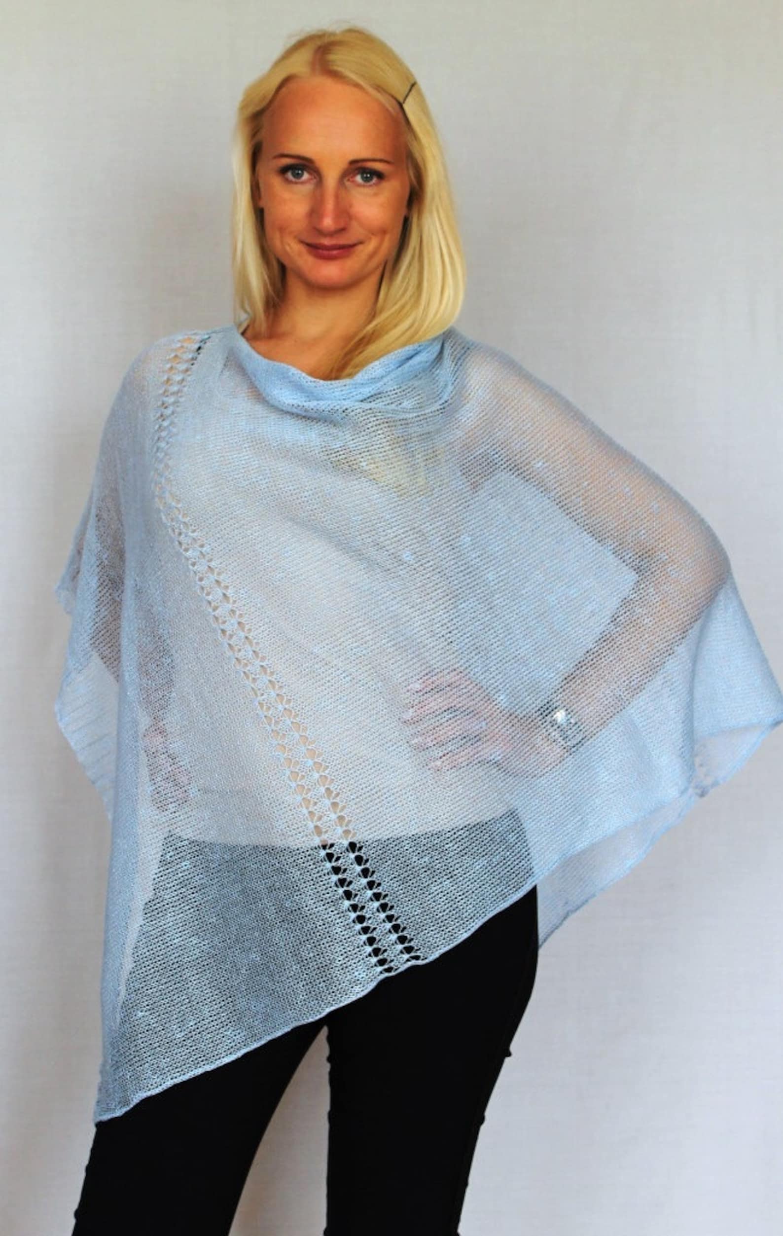 Summer Ponchos Women Light Blue Pure Linen Poncho Linen Knitted Scarf ...