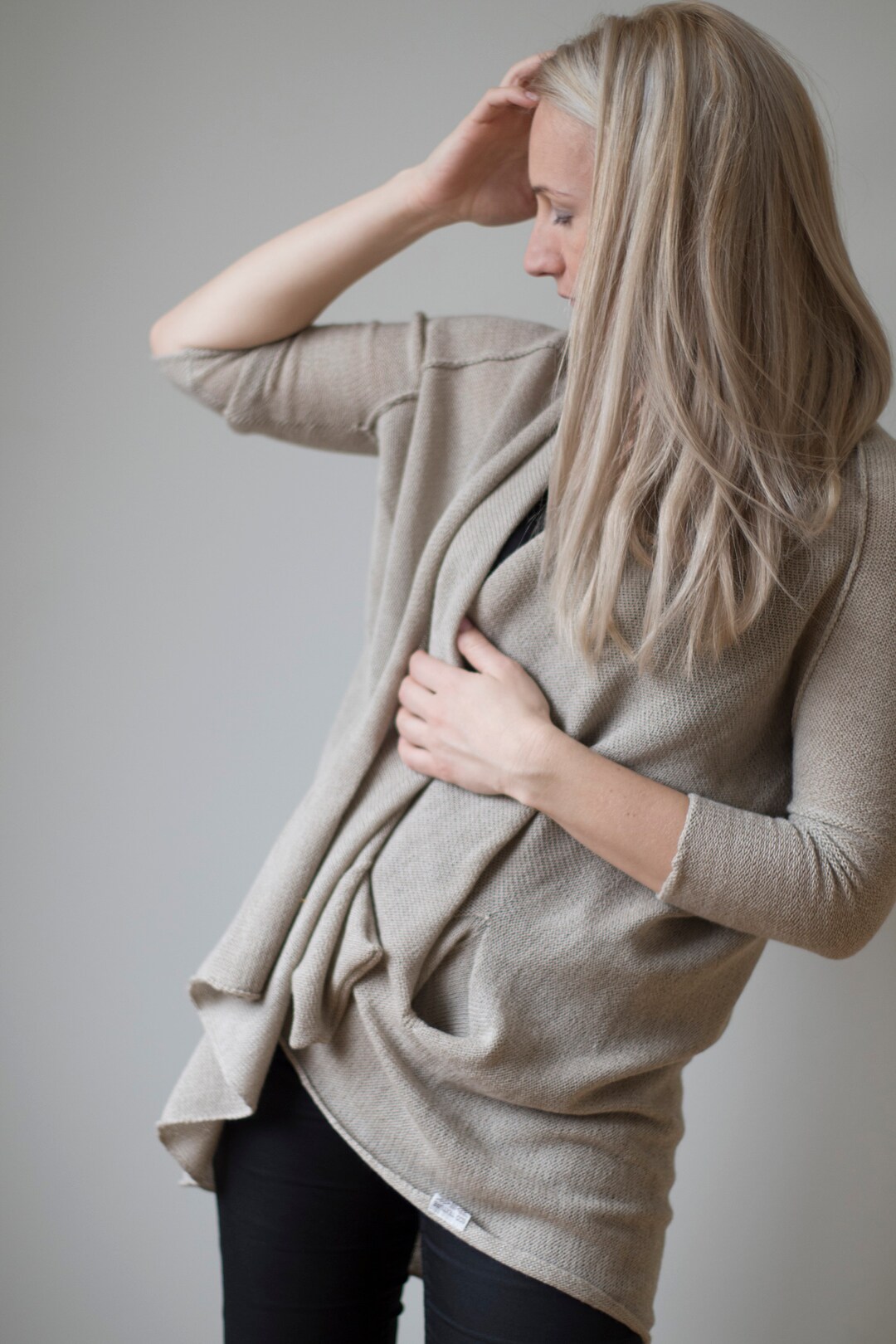 Open Poncho Cape With Sleeves and Pockets Made of Fine Beige Colored ...