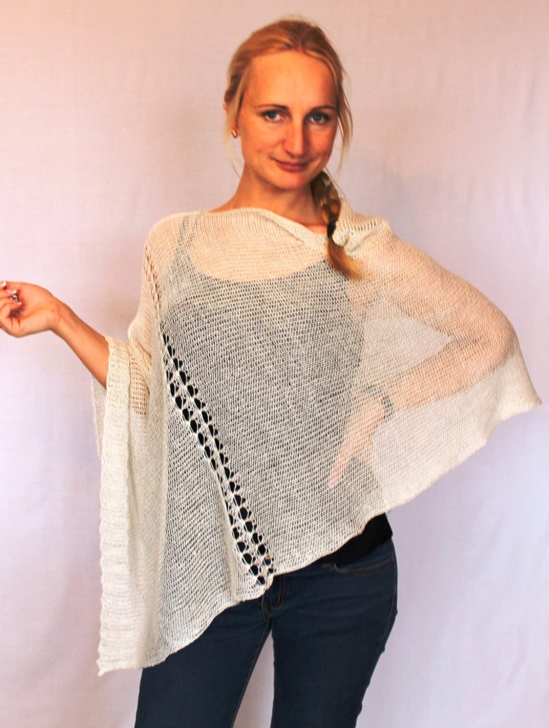 Summer Ponchos Women Pure Linen Poncho Linen White Knitted Scarf White ...
