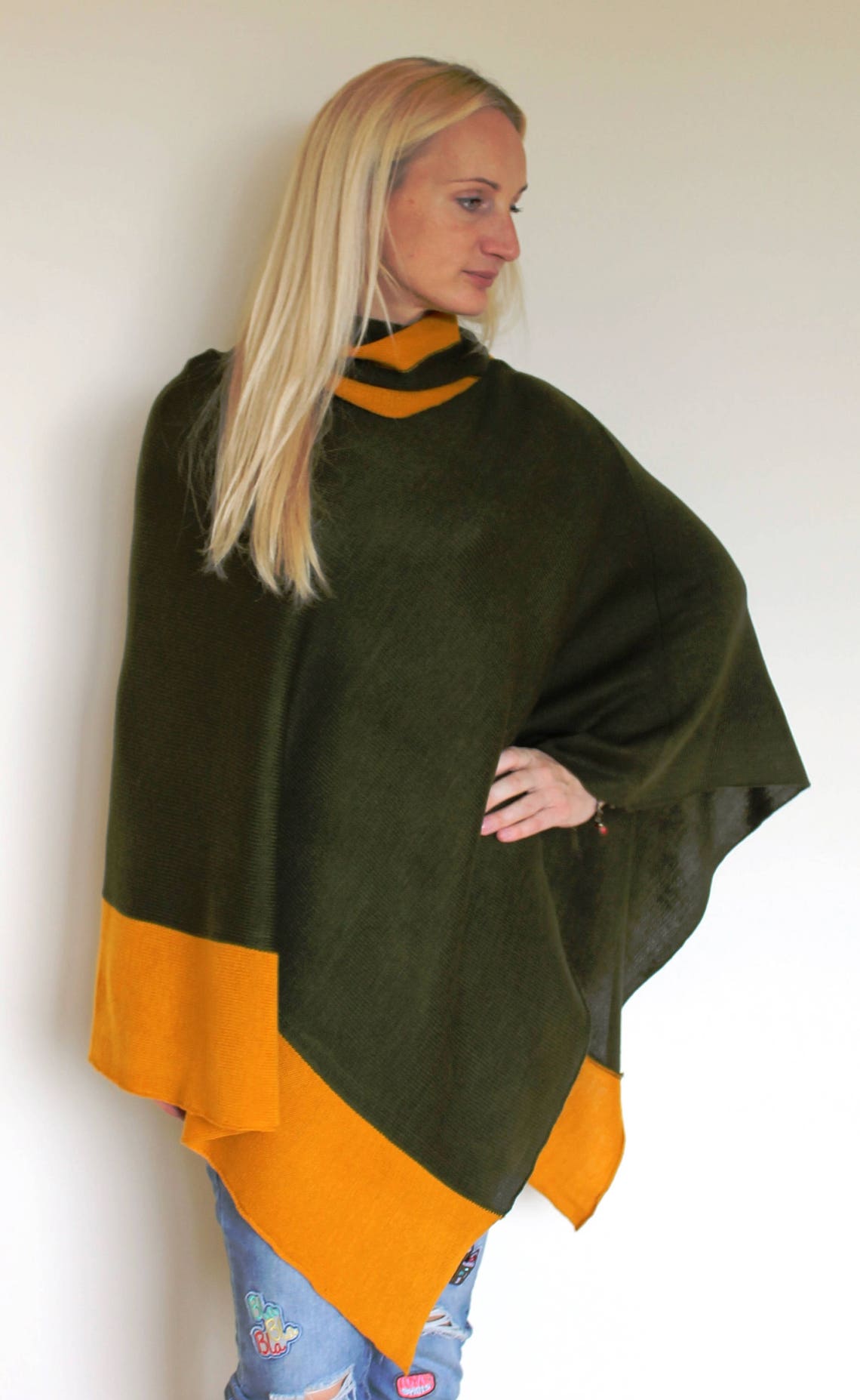 Green Poncho Knit Poncho Sweater Wrap Wool Scarf Women - Etsy