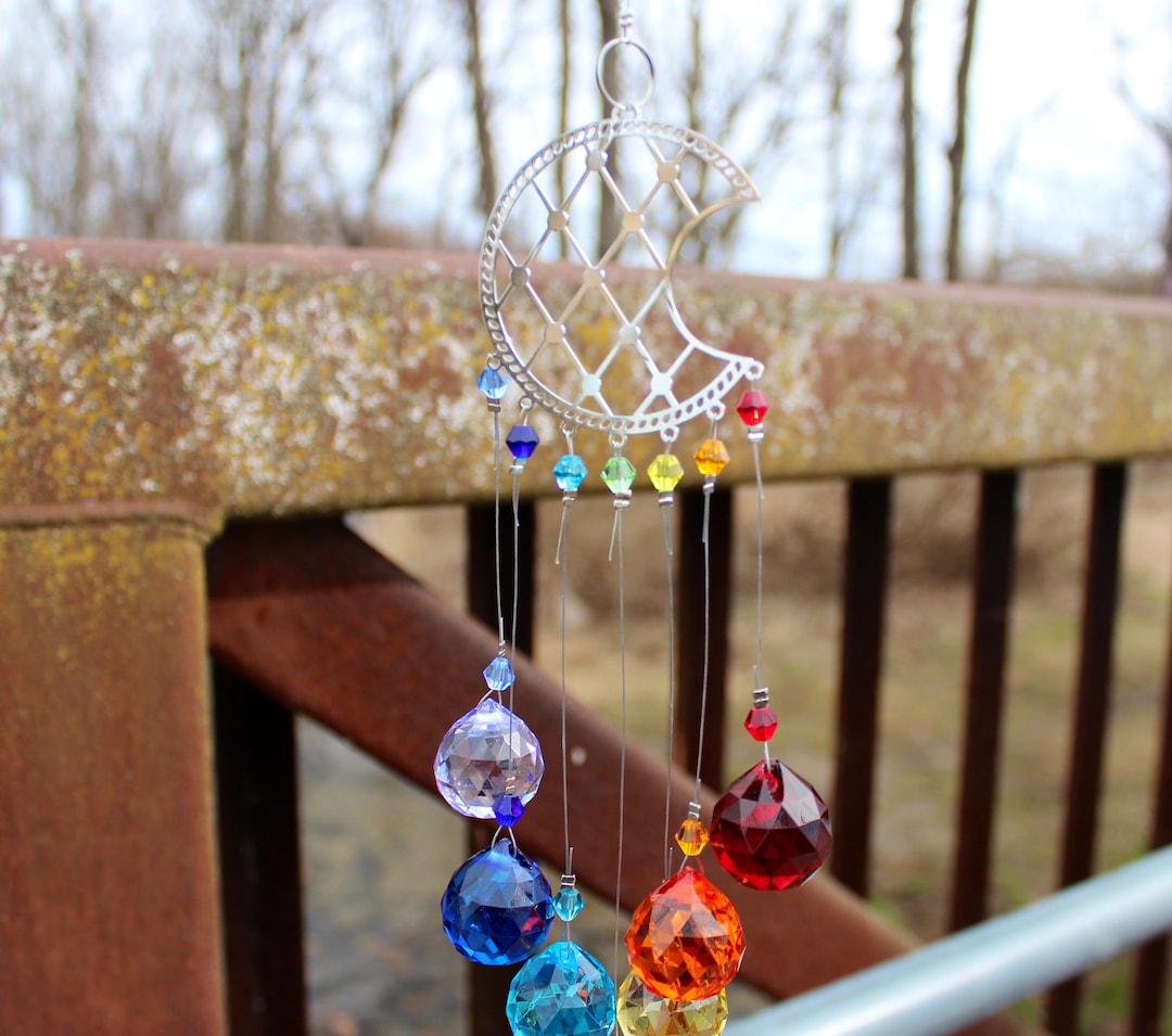 Moon Crystal Chakra Hanger Rainbow Glass Ball Diamond Cut Sparkles 15 ...