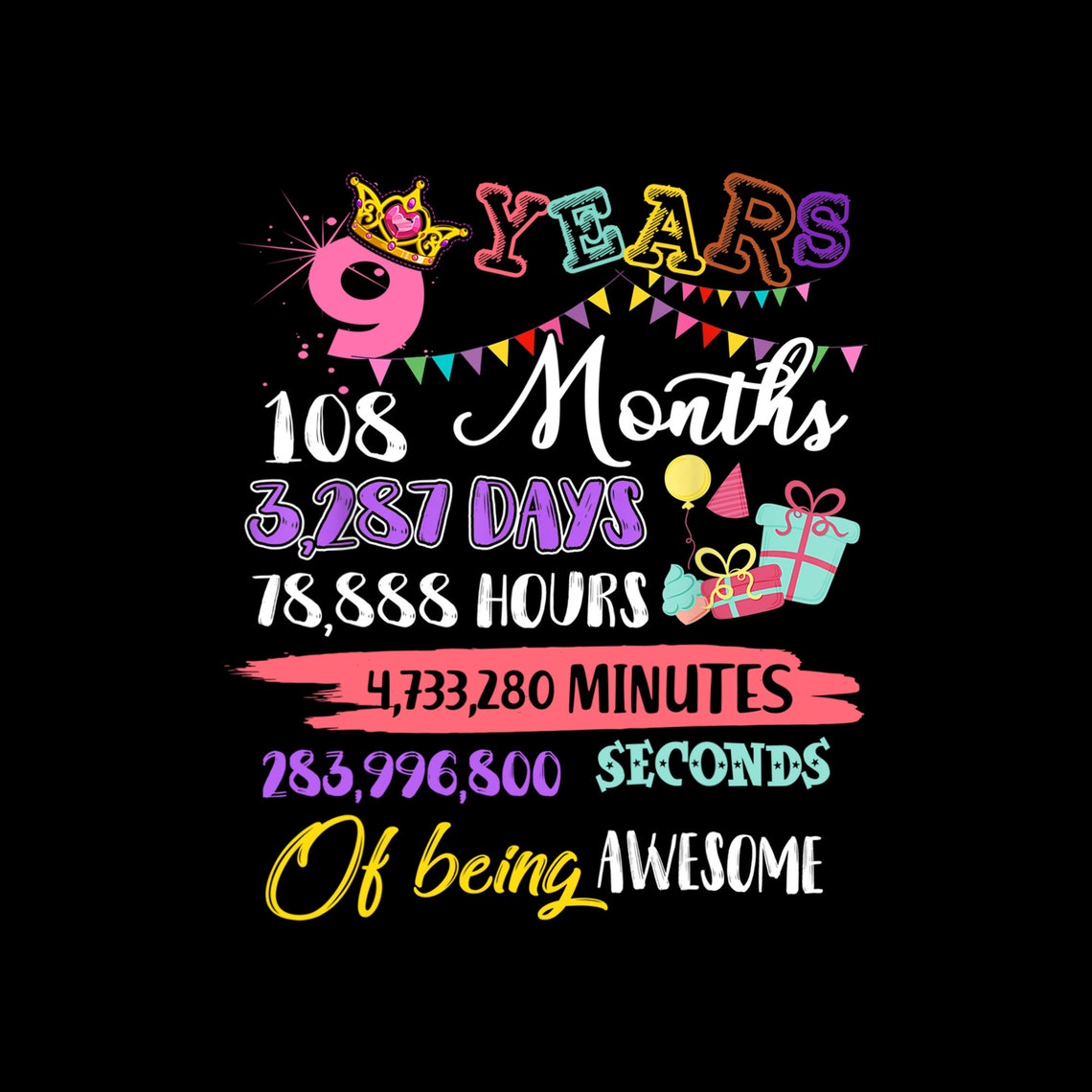 9th Birthday Tshirt for Girls 9 Years Old Being Awesome Gift Digital ...