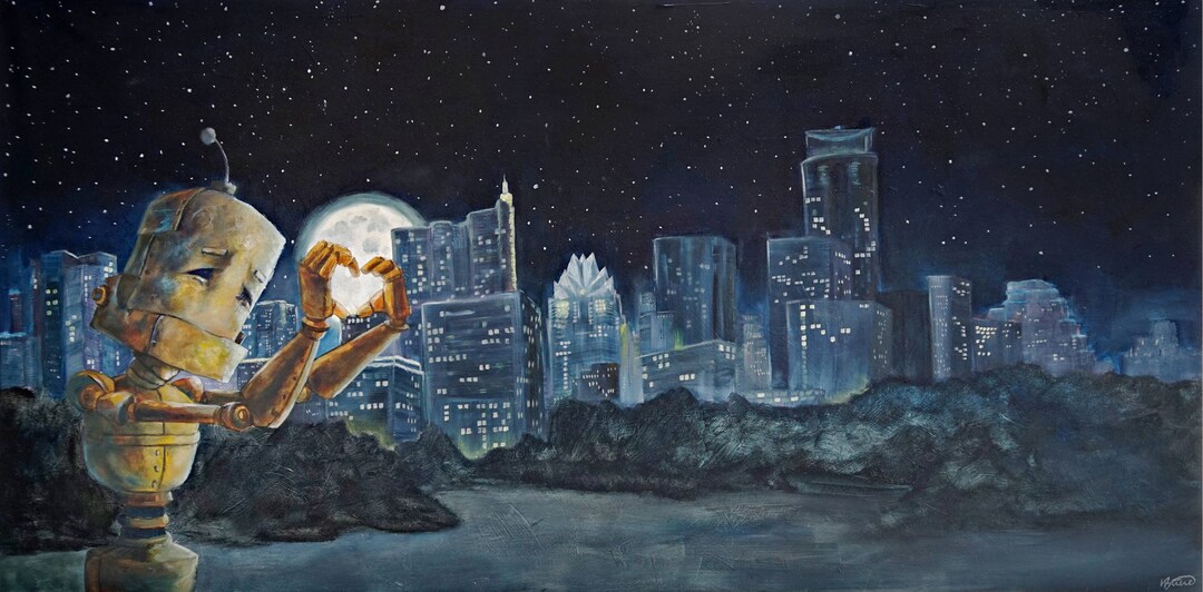 City Moon Bot Robot Painting - Etsy
