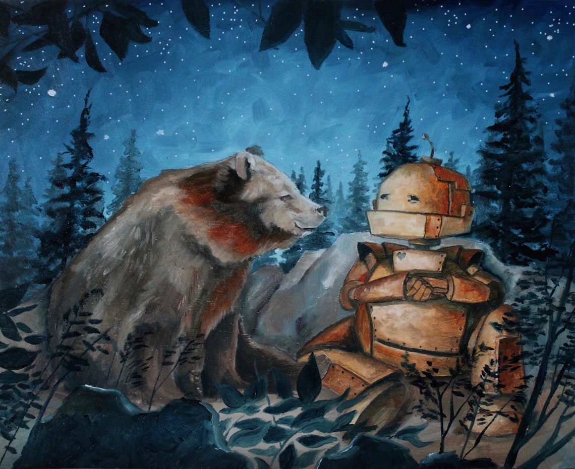 BASHFUL BEAR BOT robot painting print | Etsy