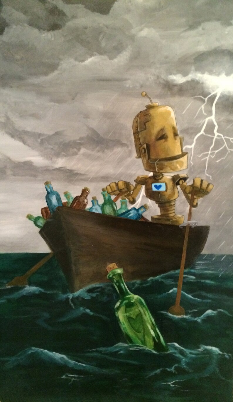 MESSAGE in a BOTTLE BOT Robot Painting Print - Etsy
