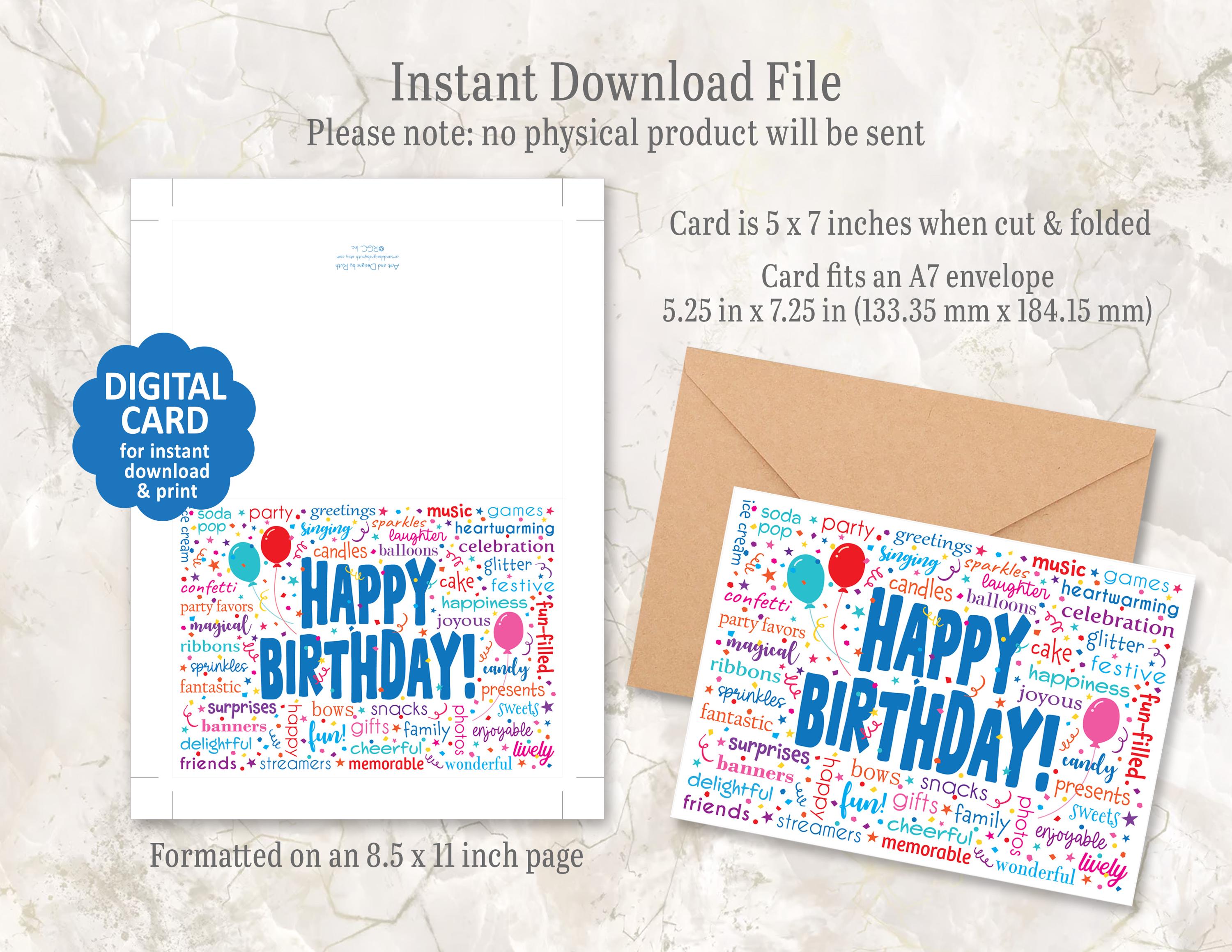 Printable Card for BIRTHDAY: Colorful Happy Birthday Design (instant ...