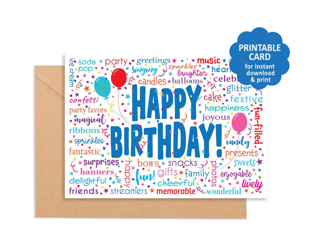 Printable HAPPY BIRTHDAY! Word Art Greeting Card - A Unique, Birthday ...