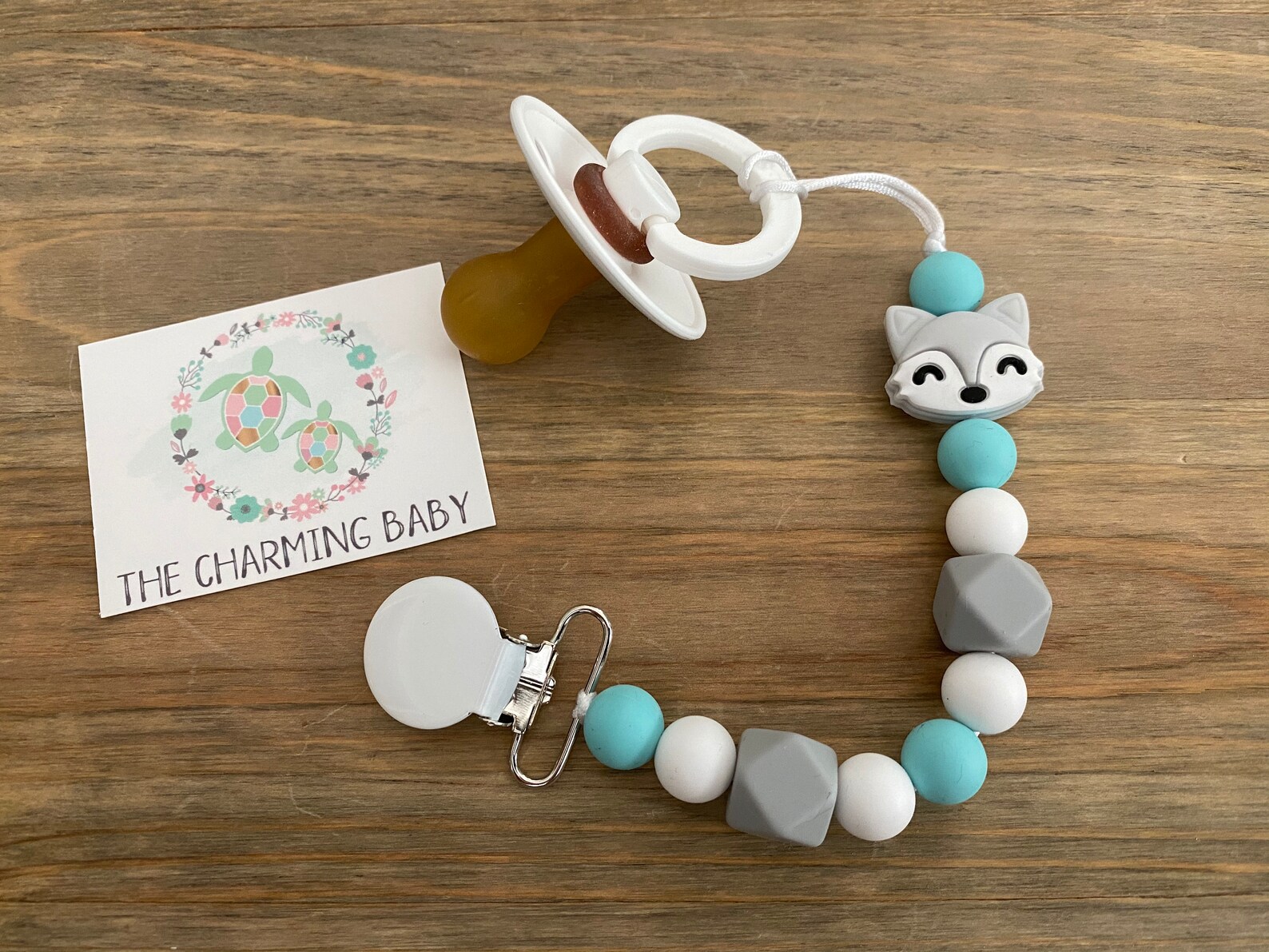 GRAY FOX Pacifier Clip / Metal Pacifier Clip / Aqua-gray-white - Etsy