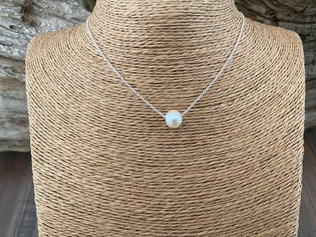 FLOATING FRESHWATER PEARL Necklace / Sterling Silver Rope Chain ...