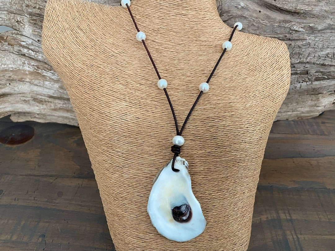 OYSTER & PEARL NECKLACE / Natural Oyster Shell Pendant + Freshwater ...