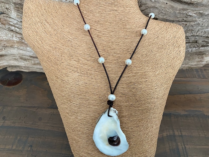 OYSTER & PEARL NECKLACE / Natural Oyster Shell Pendant + Freshwater ...