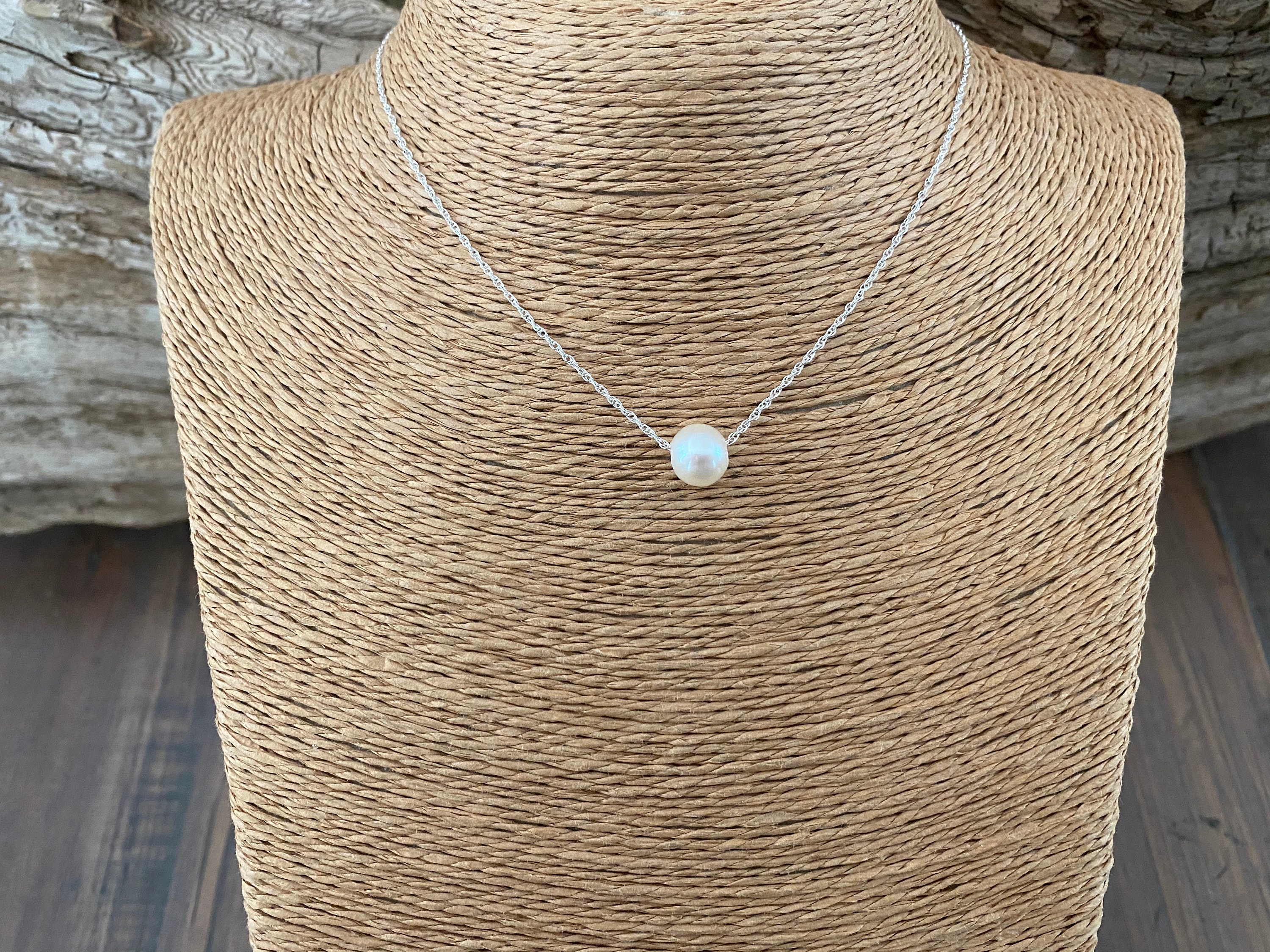 FLOATING FRESHWATER PEARL Necklace / Sterling Silver Rope Chain ...