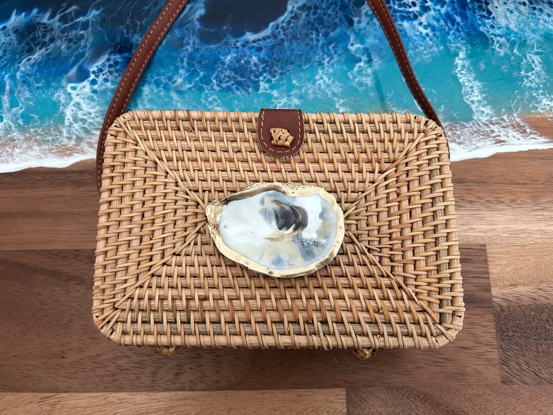 OYSTER RATTAN BAG / Gold Rim Oyster Shell + Handwoven Square Rattan Bag ...