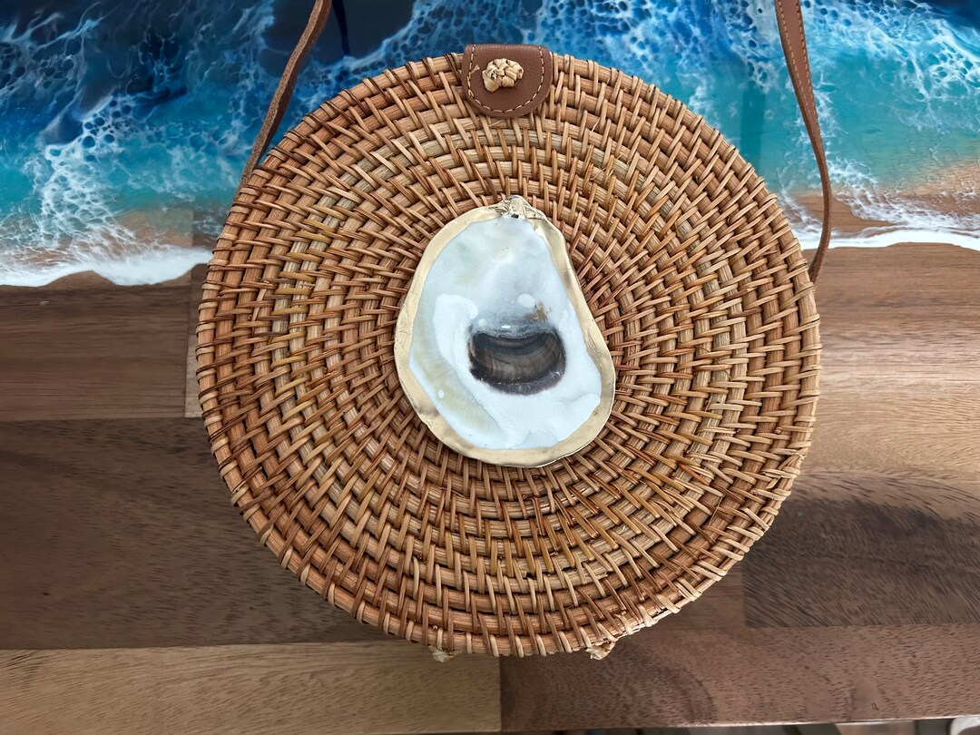 OYSTER RATTAN BAG / Gold Rim Oyster Shell + Handwoven Round Rattan Bag ...
