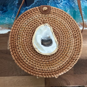 OYSTER RATTAN BAG / Gold Rim Oyster Shell + Handwoven Round Rattan Bag ...