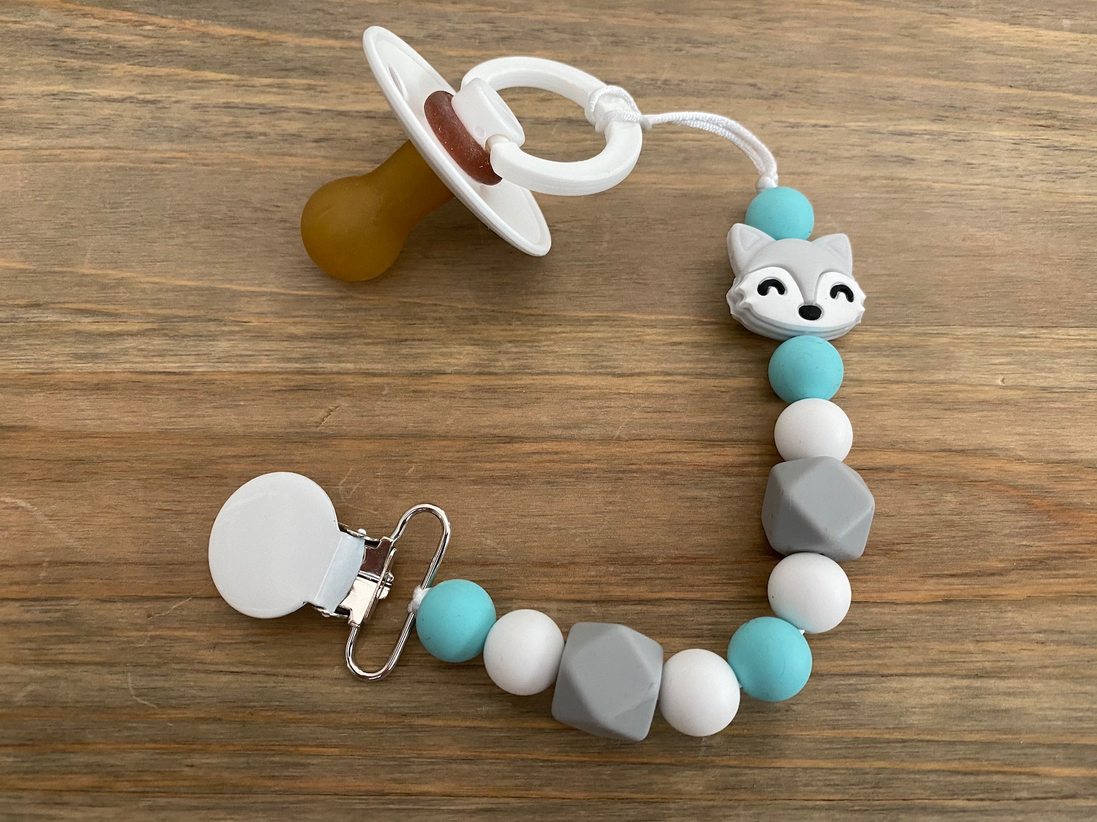 GRAY FOX Pacifier Clip / Metal Pacifier Clip / Aqua-gray-white - Etsy