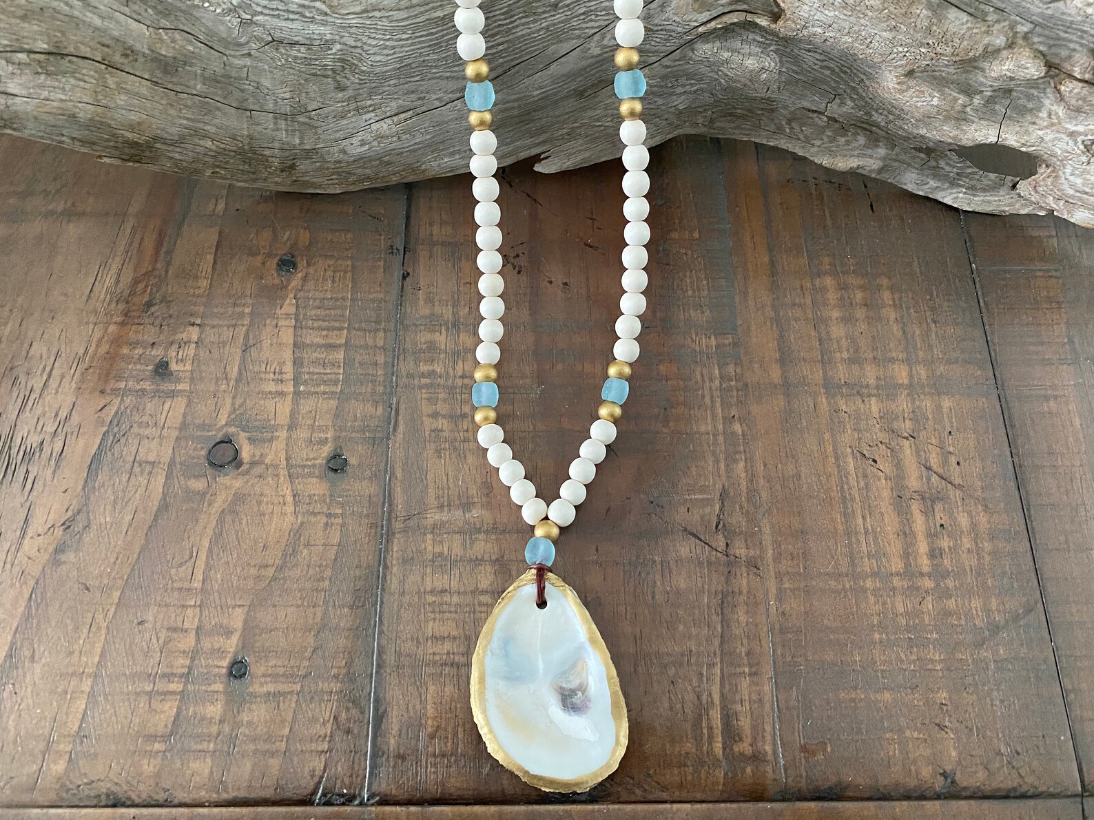 OYSTER NECKLACE / Natural Oyster Shell Pendant Wood & Sea - Etsy