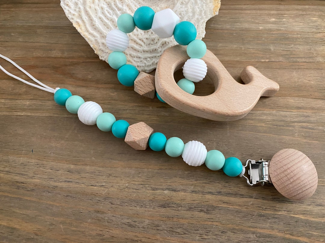 WHALE RATTLE & PACIFIER Clip Set / Beechwood Whale White-aqua-mint ...