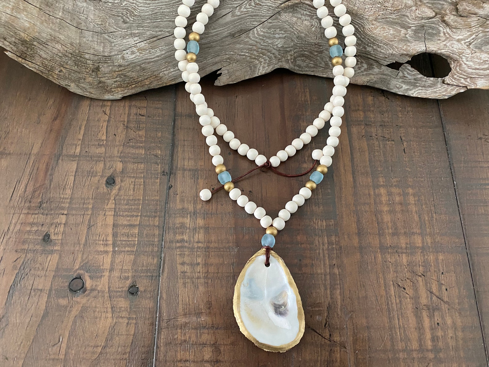 OYSTER NECKLACE / Natural Oyster Shell Pendant Wood & Sea - Etsy