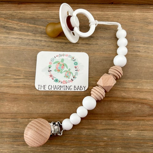 NEUTRAL PACIFIER CLIP / White Silicone Wood Pacifier Clip / - Etsy