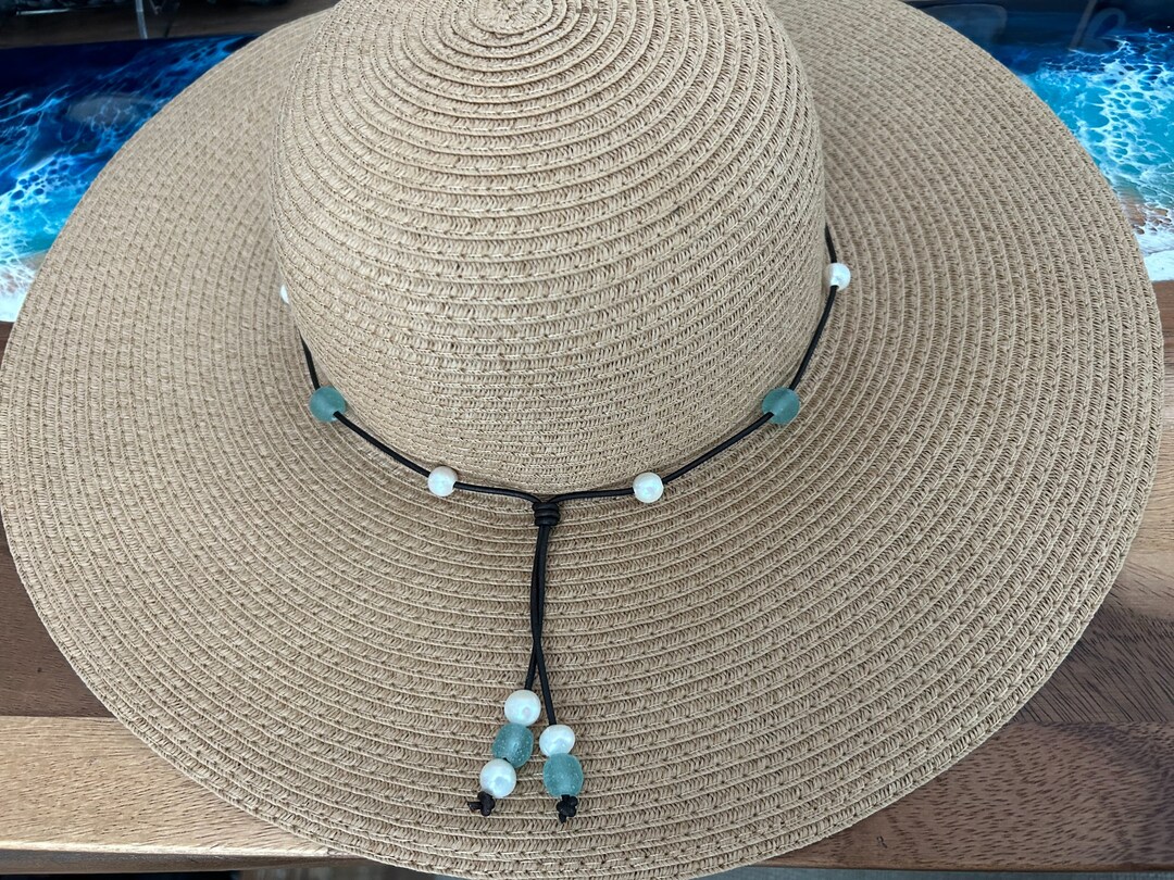 SEA GLASS + PEARL Straw Hat / Aqua Sea Glass + Freshwater Pearls ...